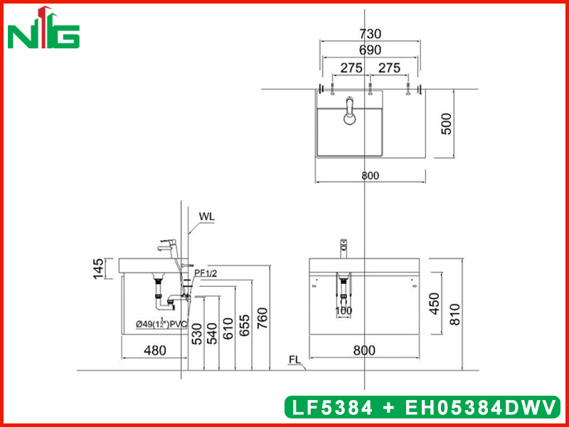 Tủ Lavabo Treo Tường CAESAR LF5384 + EH05384DWV